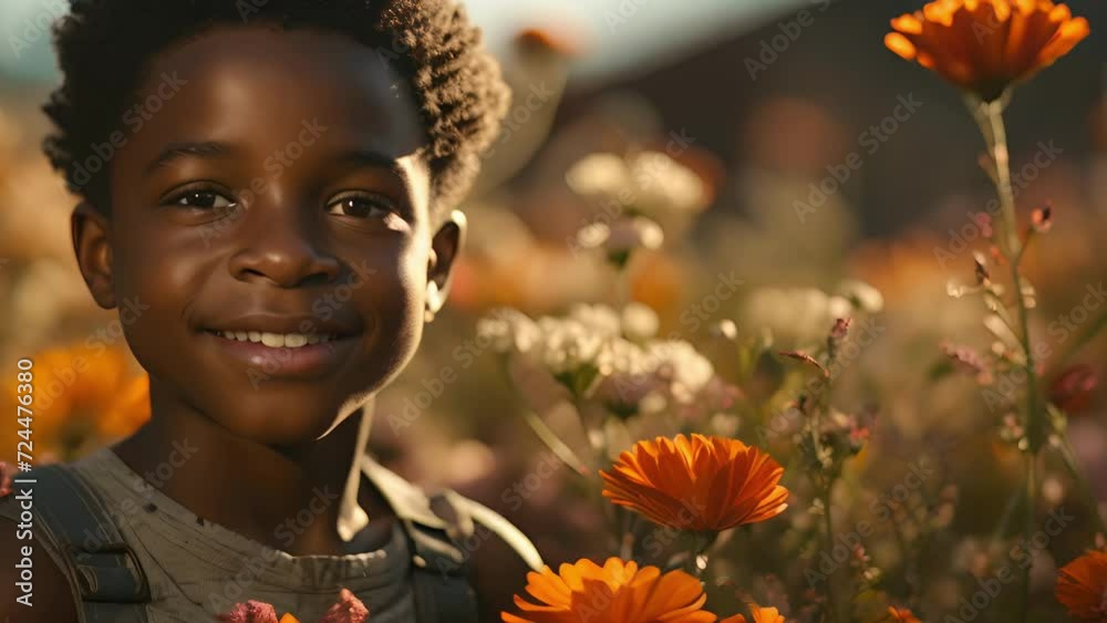 An African boy stands in a patch of wildflowers his adoptive nature ...