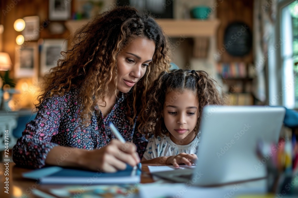 A biracial mother points at her laptop while helping her daughter write her homework Stock Photo ...