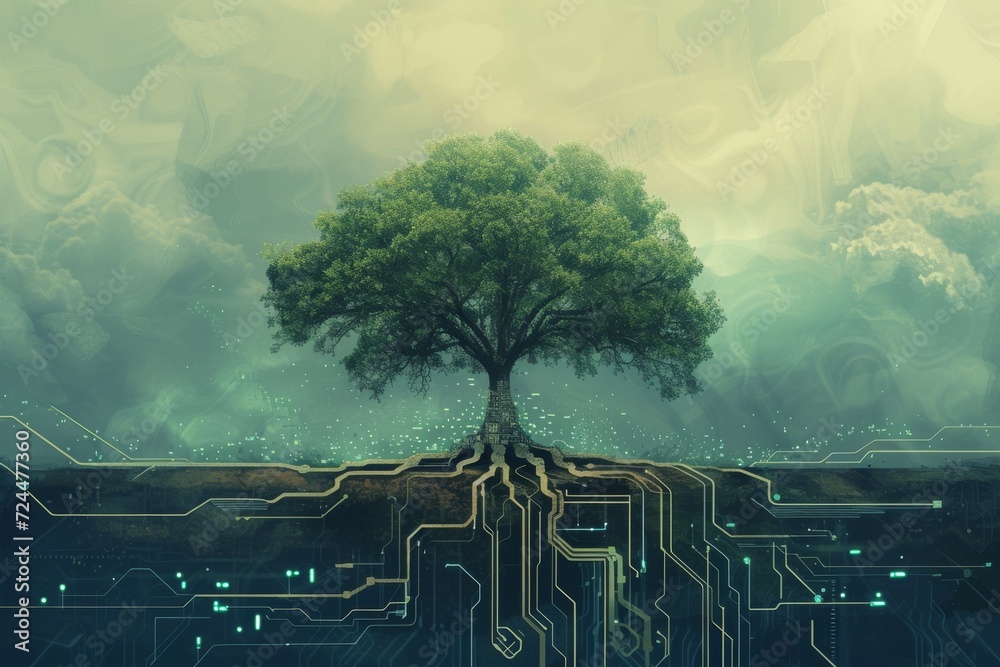 A surreal illustration of a tree with its roots forming an electrical ...