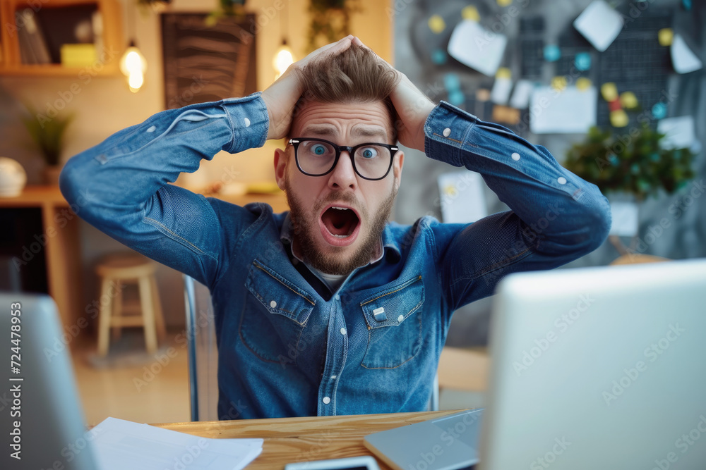 Young man working at the office wearing glasses crazy and scared with ...