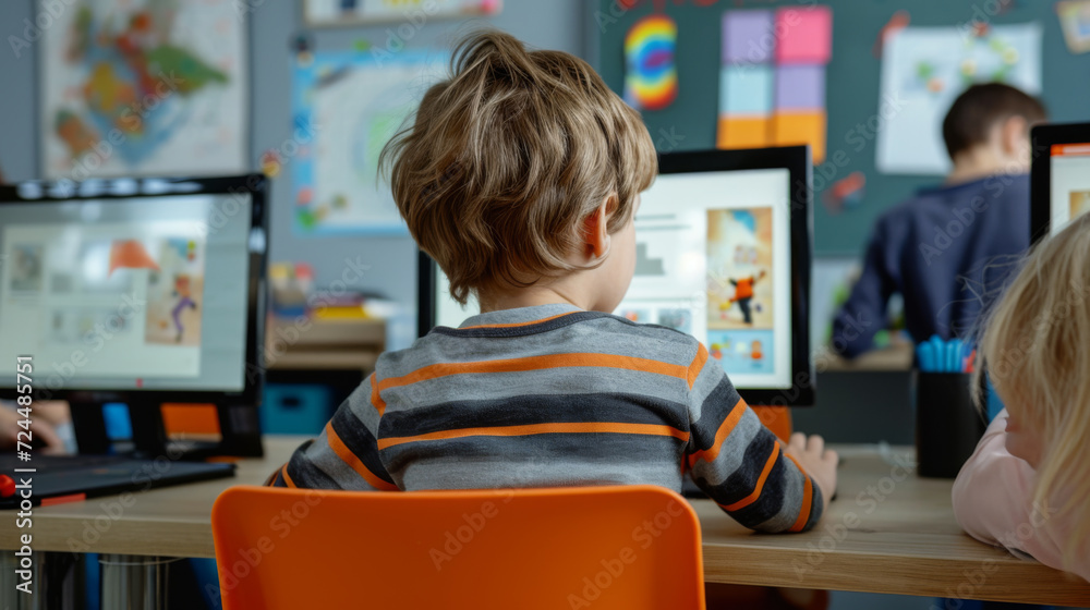 child from behind, focused on a computer screen during a computer class ...