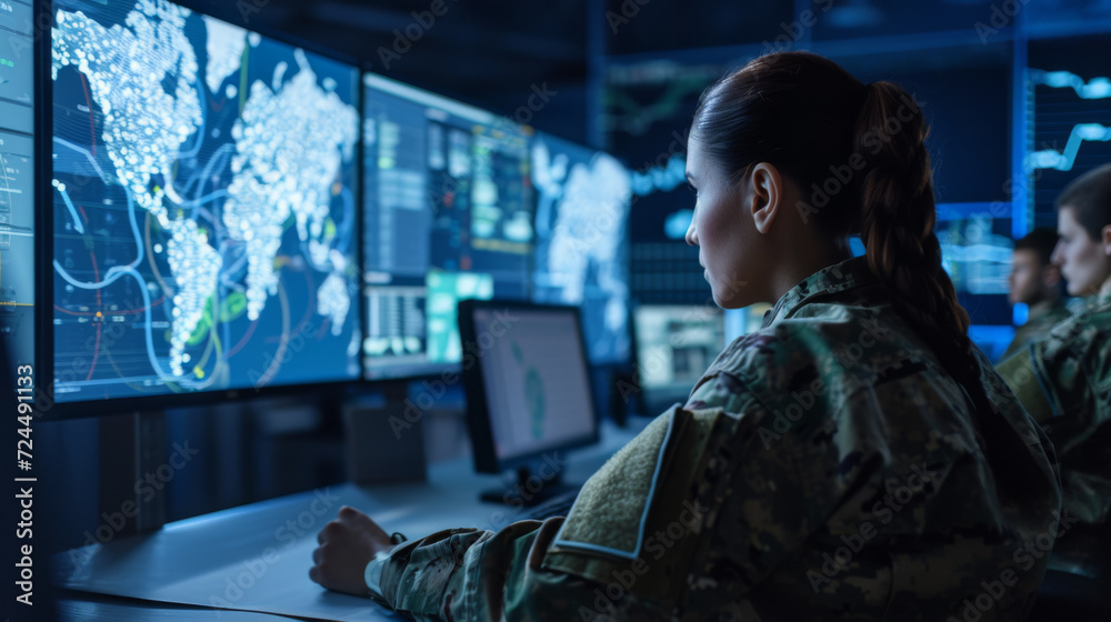 military personnel is focused on monitoring multiple computer screens ...
