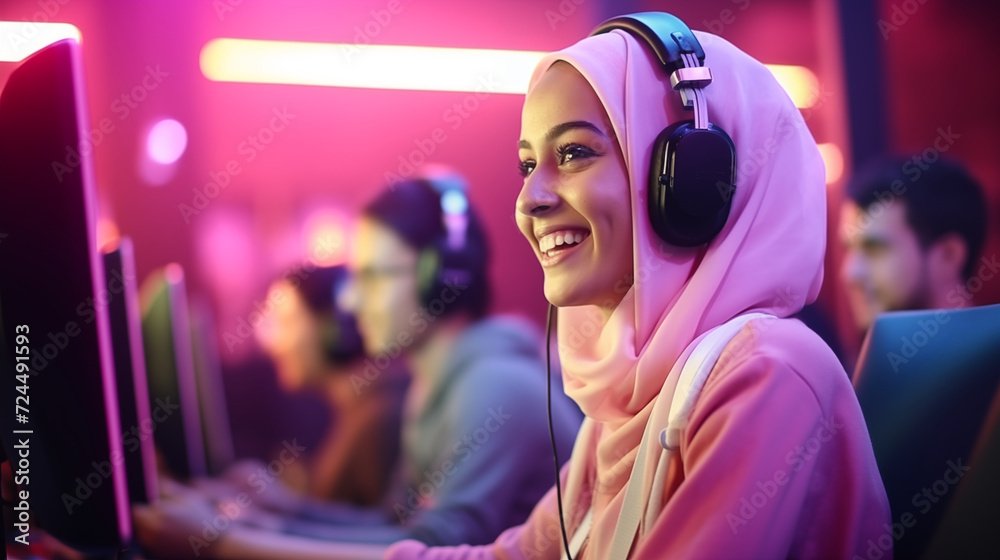 Muslim woman immersed in video gaming at a cybersports club, smiling ...