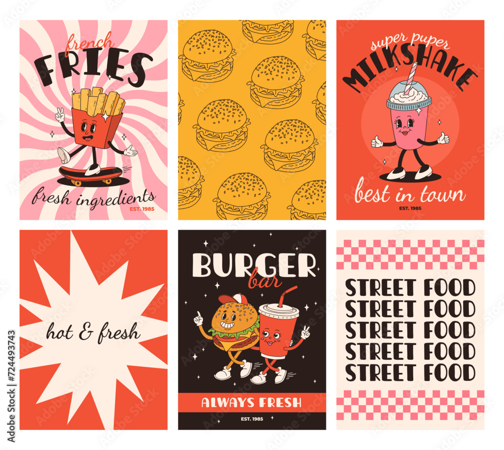 Set of fast food posters. Retro groovy cards with street food ...