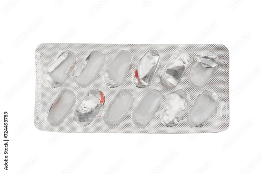 Empty pills of blister pack isolated on white background. Empty silver ...