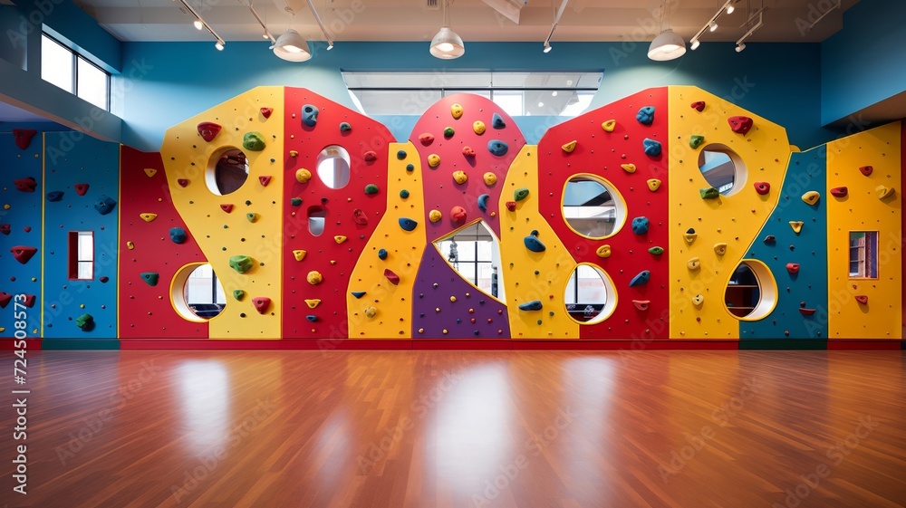 Child-friendly climbing wall with bright, primary colors and a soft ...