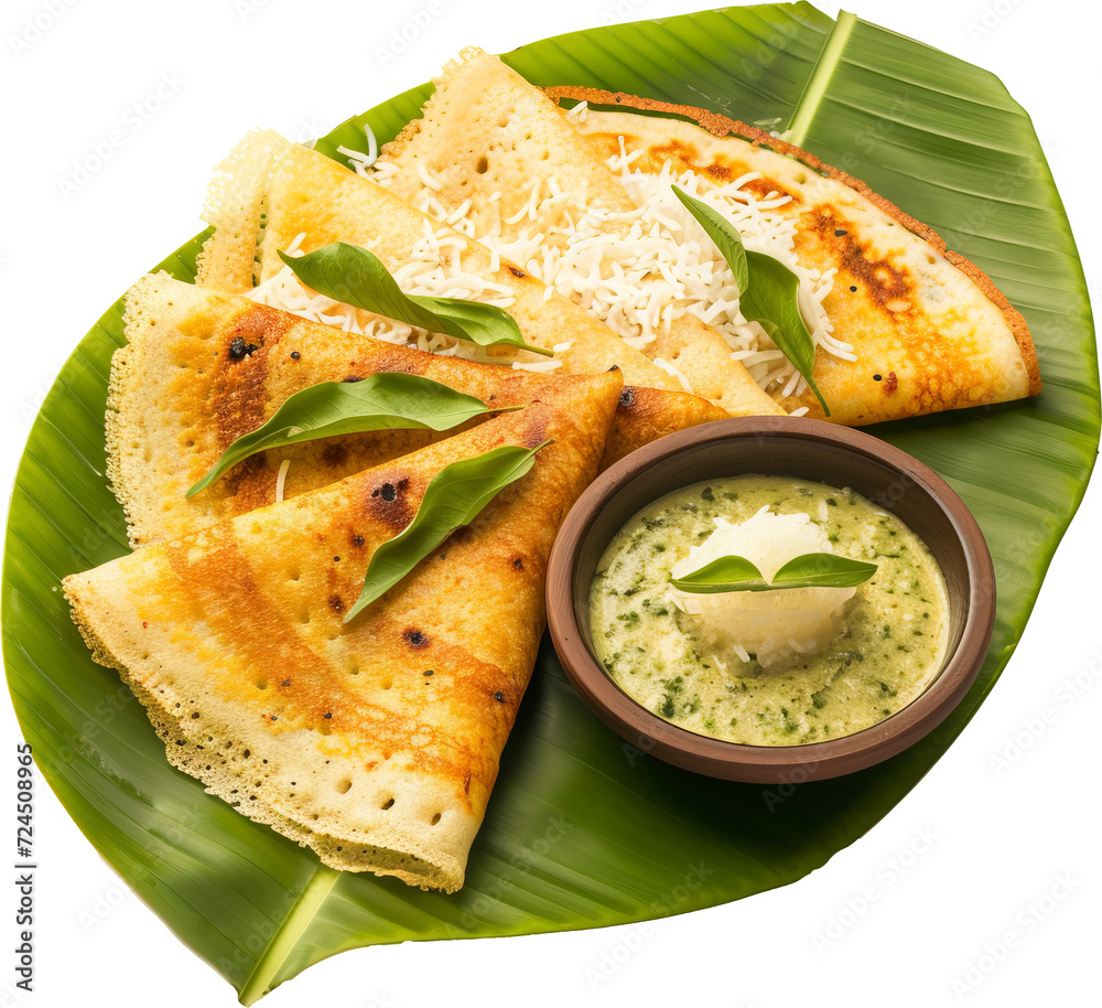 Rava Dosa with Coconut Chutney on a banana leaf, isolated on ...