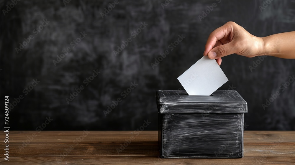 Voting concept hand placing filled ballot in box with copy space for ...