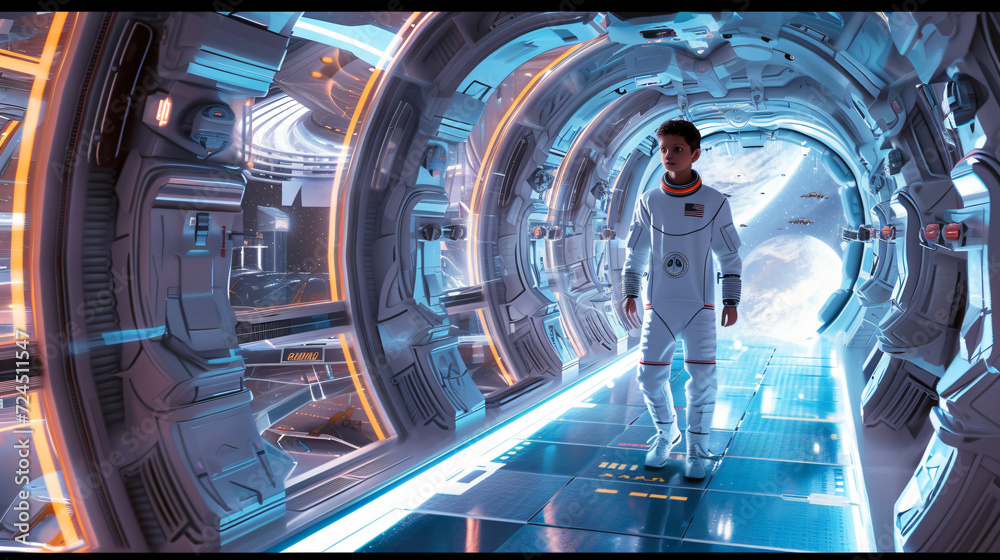 A determined 12-year-old wearing a sleek space academy uniform, ready ...