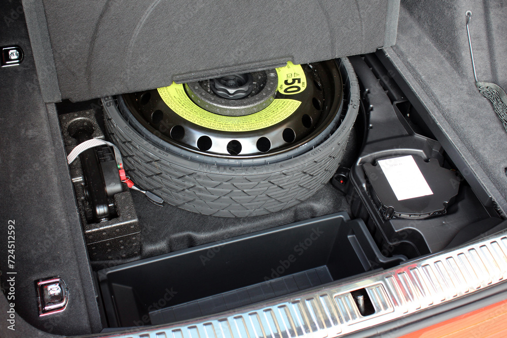 Vinnytsia, Ukraine; September 20, 2023. Audi E-Tron spare tire in the ...