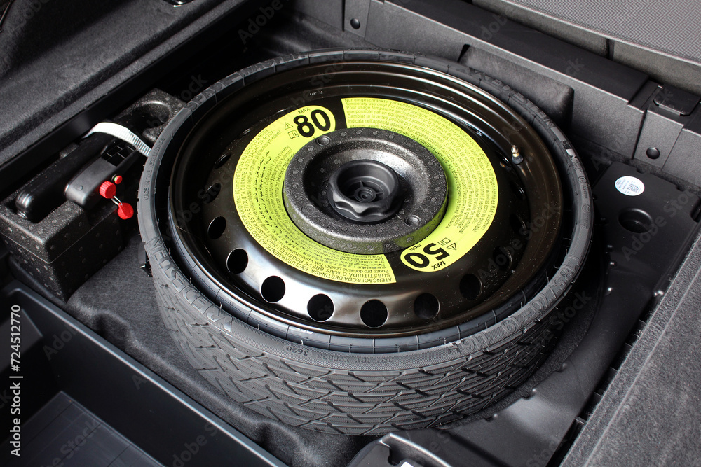 Vinnytsia, Ukraine; September 20, 2023. Audi E-Tron spare tire in the ...