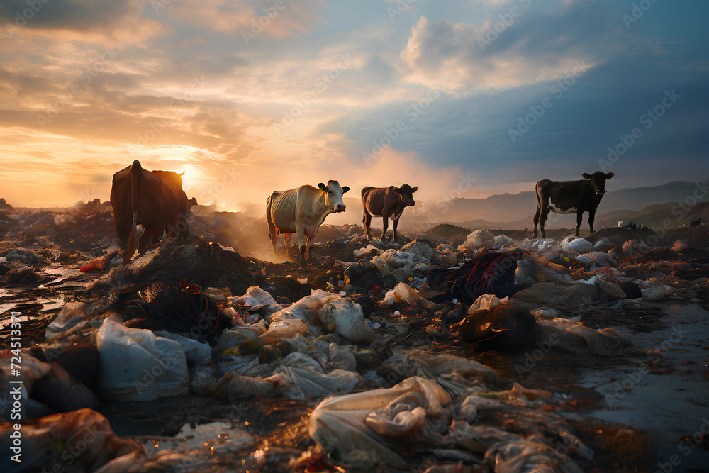 Cows graze on a garbage dump at sunset. There is garbage all around ...