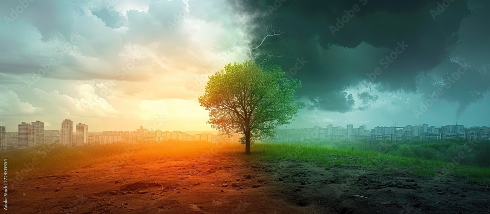 Tree under dramatic sky symbolizing climate change and nature ...
