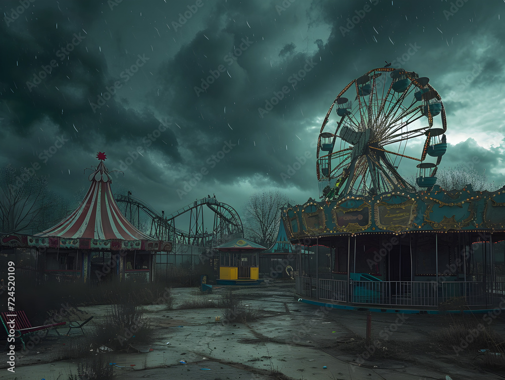 Deserted Amusement Park with Ferris Wheel and Roller Coaster Under ...