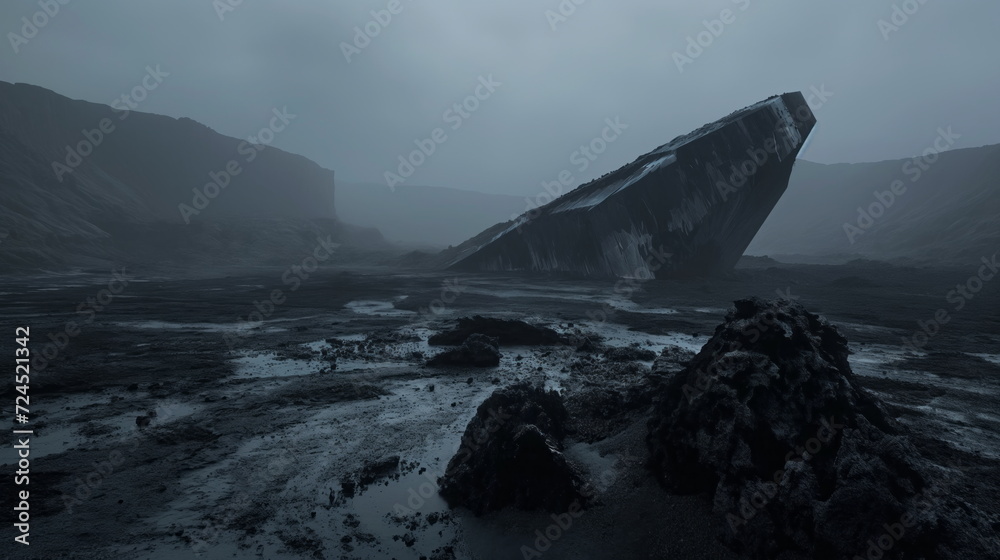 alien black sand landscape, foreground giant Sulphide minerals ...