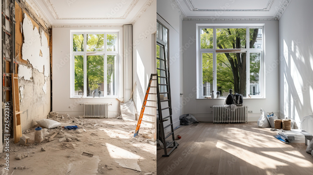 Renovated rooms with spacious windows and heating systems, both before ...