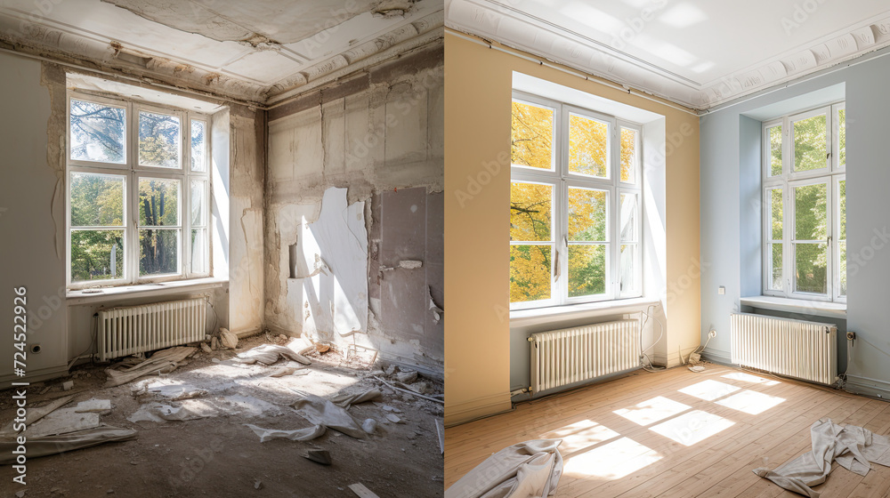 Renovated rooms with spacious windows and heating systems, both before ...