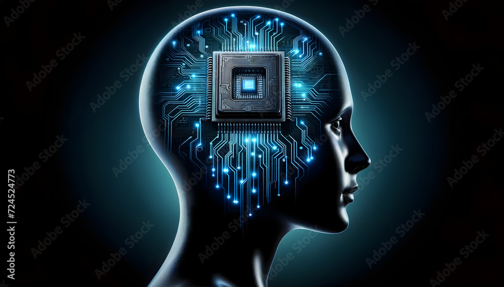 Head with implanted micro chip. Brain-computer interface to connect ...