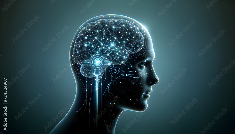 Head with implanted micro chip. Brain-computer interface to connect ...