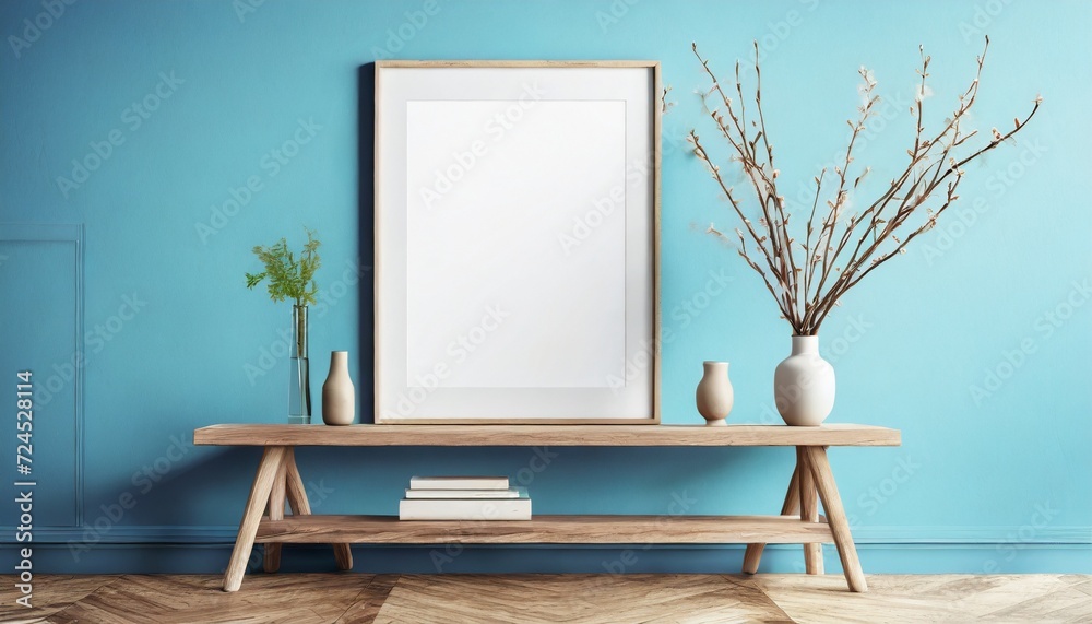 wood side table vase with twigs near big empty frame mock up poster ...