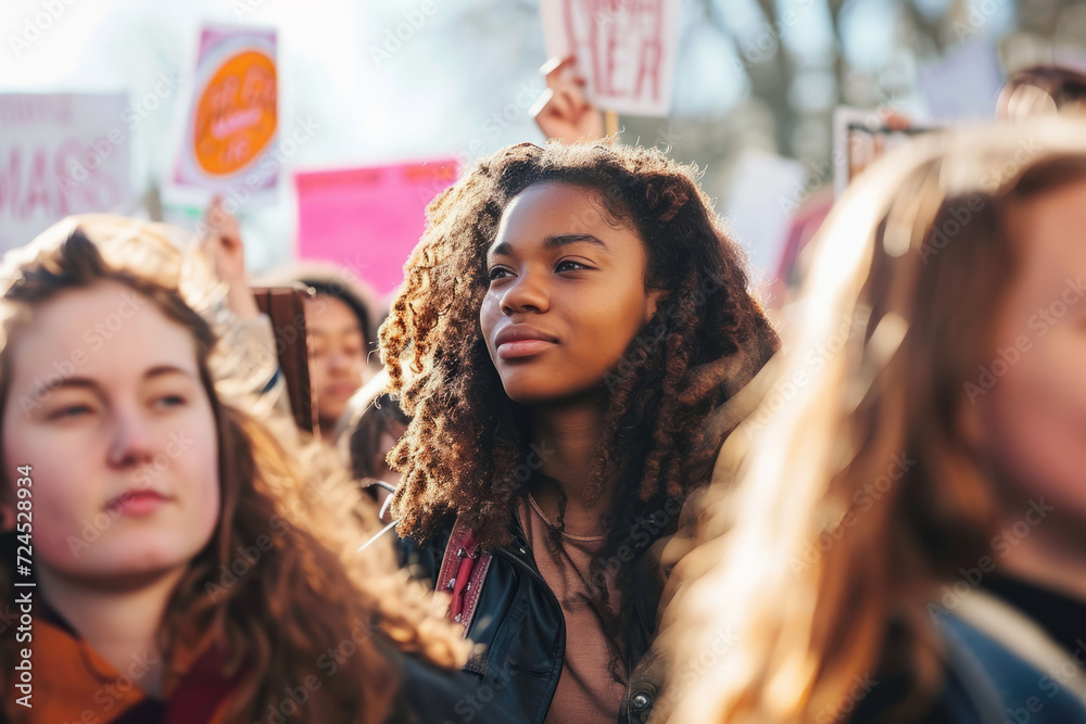 A group of women participating in a rally or protest, advocating for ...