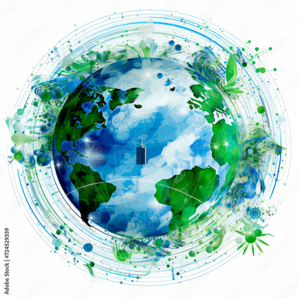 Planet Earth in circle of green leaves, water with digital elements ...