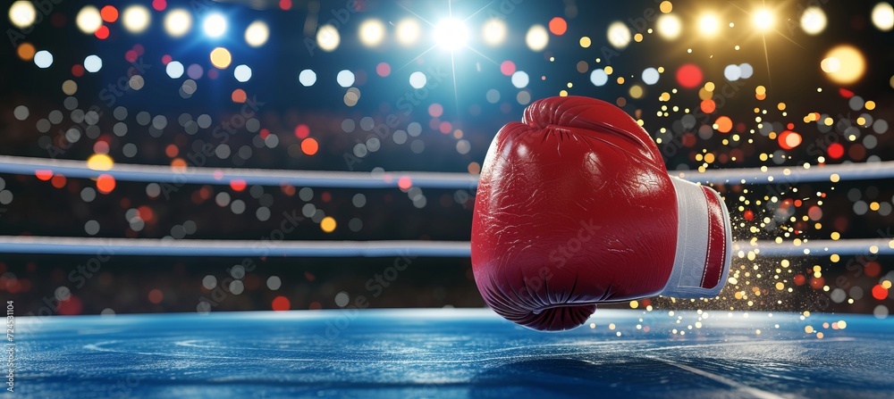 Deserted professional boxing ring in a sprawling arena with no ...