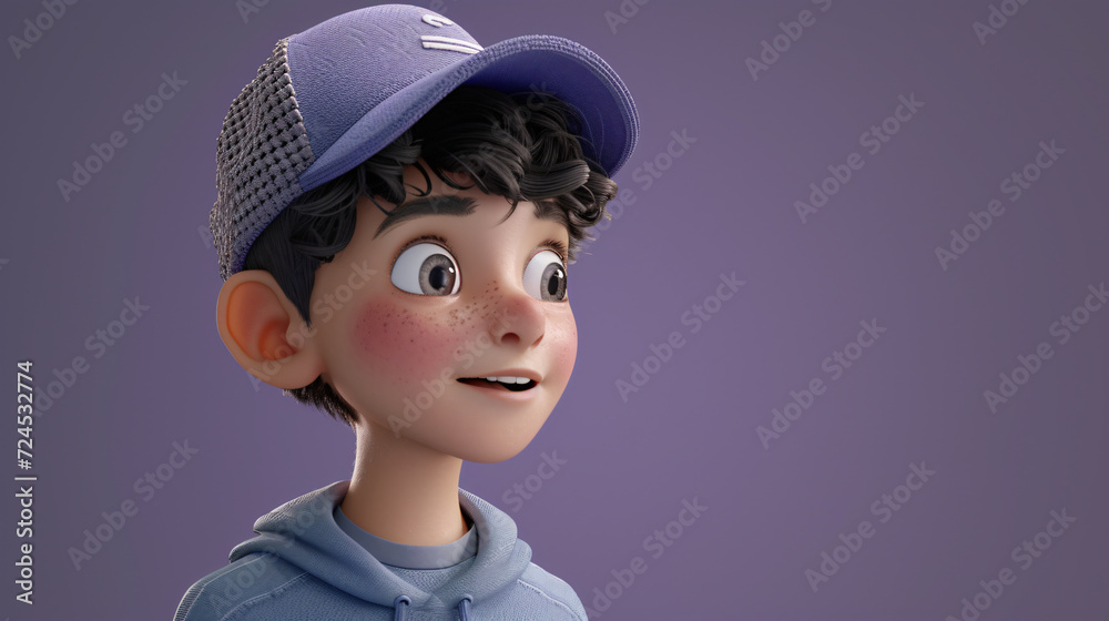 A quirky cartoon boy with a baseball cap and a periwinkle pullover is ...