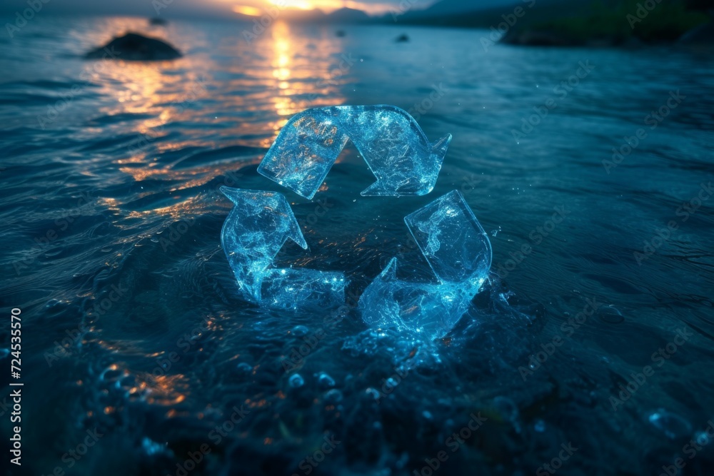 Recycling sign made of water splashes, conceptual image on water ...