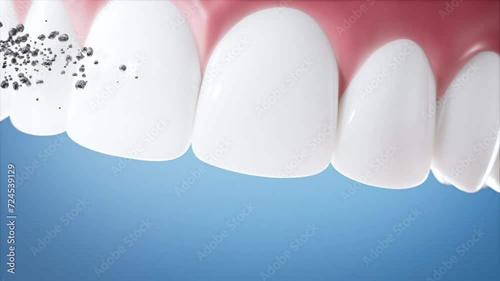 Closeup shot of activated charcoal particles whitening teeth, 3d ...