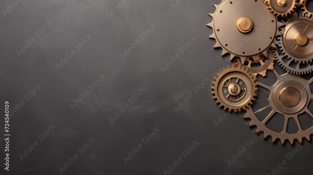 From above technical texture of steampunk gears on dark grey background ...