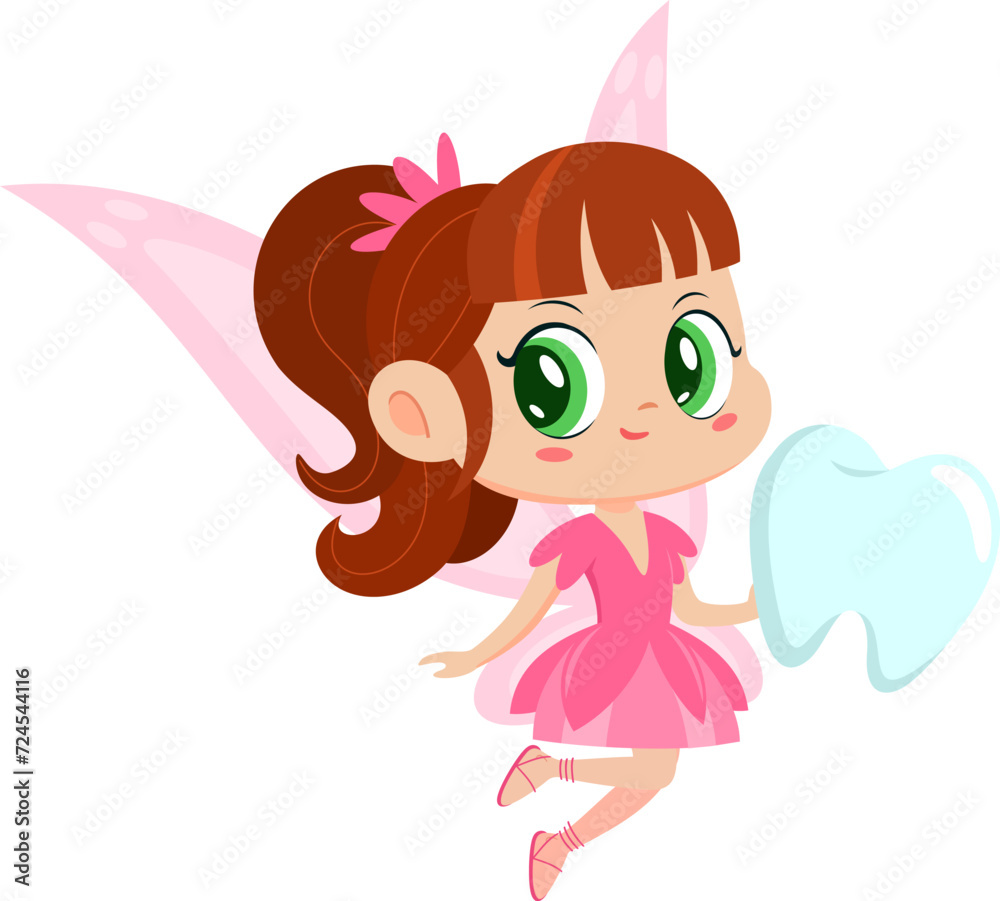 Cute Tooth Fairy Girl Cartoon Character Flying With Tooth. Vector ...