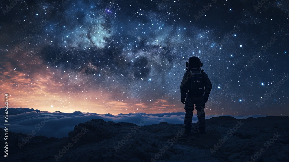 Astronaut Observing the Majestic Milky Way Galaxy Above Cloudy Mountain ...
