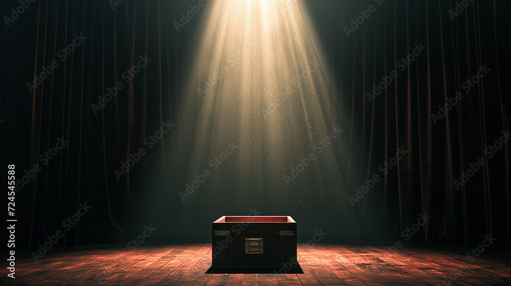 A theatrical box opening on a brightly lit stage, with a spotlight ...