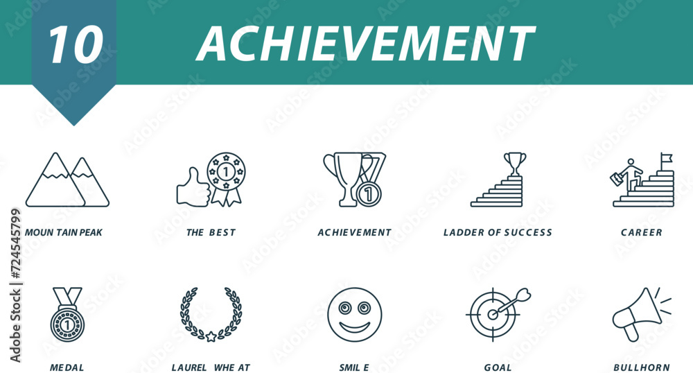 Achievement outline icons set. Creative icons: mountain peak, the best ...
