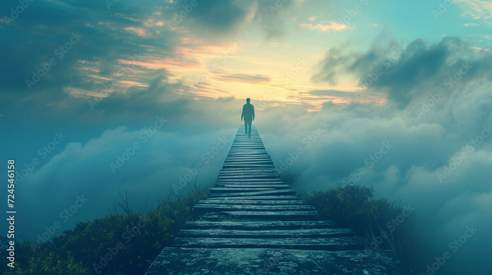 A motivational scene of an individual focusing on a board of life goals ...