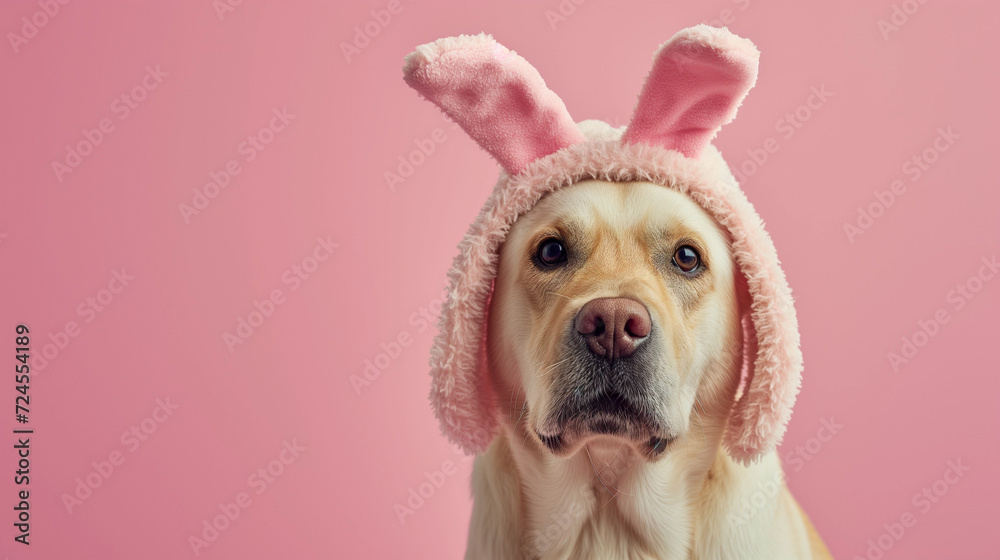 Cute labrador in pink easter bunny costume in front of punk background ...