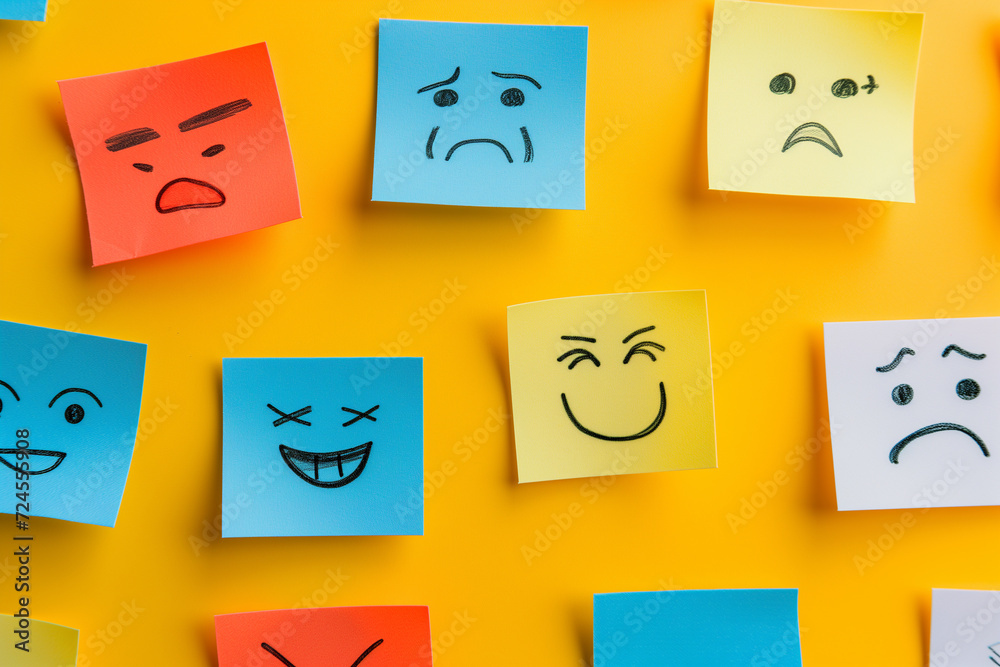 Testimonial rating concept with emotion faces on colorful sticky notes ...