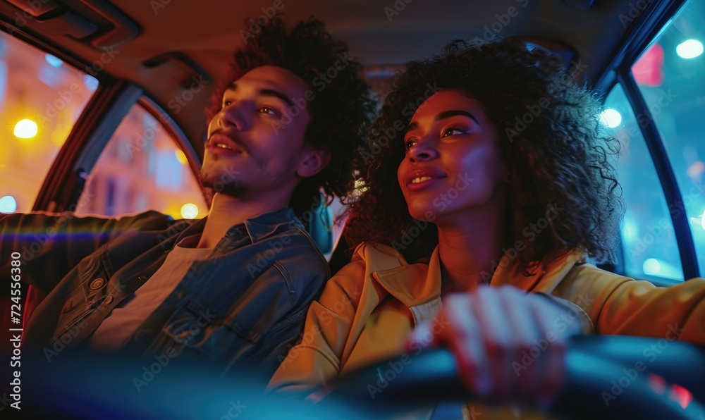 Phooto of two young people sitting on the back seats in the taxi, they ...