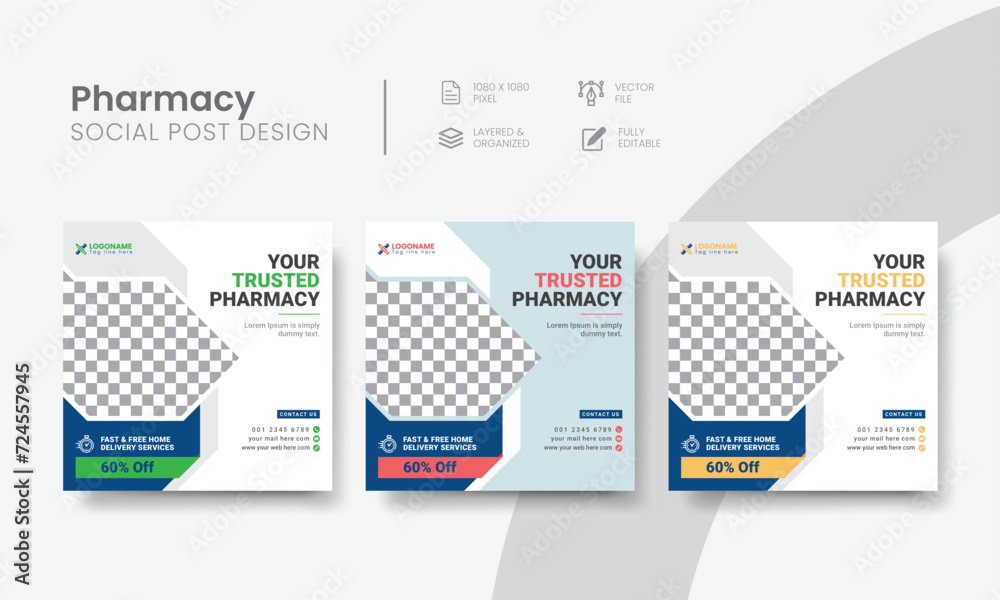 Pharmacy social media post design for medicine store banner ad. High ...