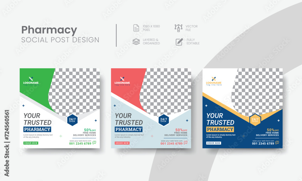 Pharmacy social media post design for medicine store banner ad. High ...