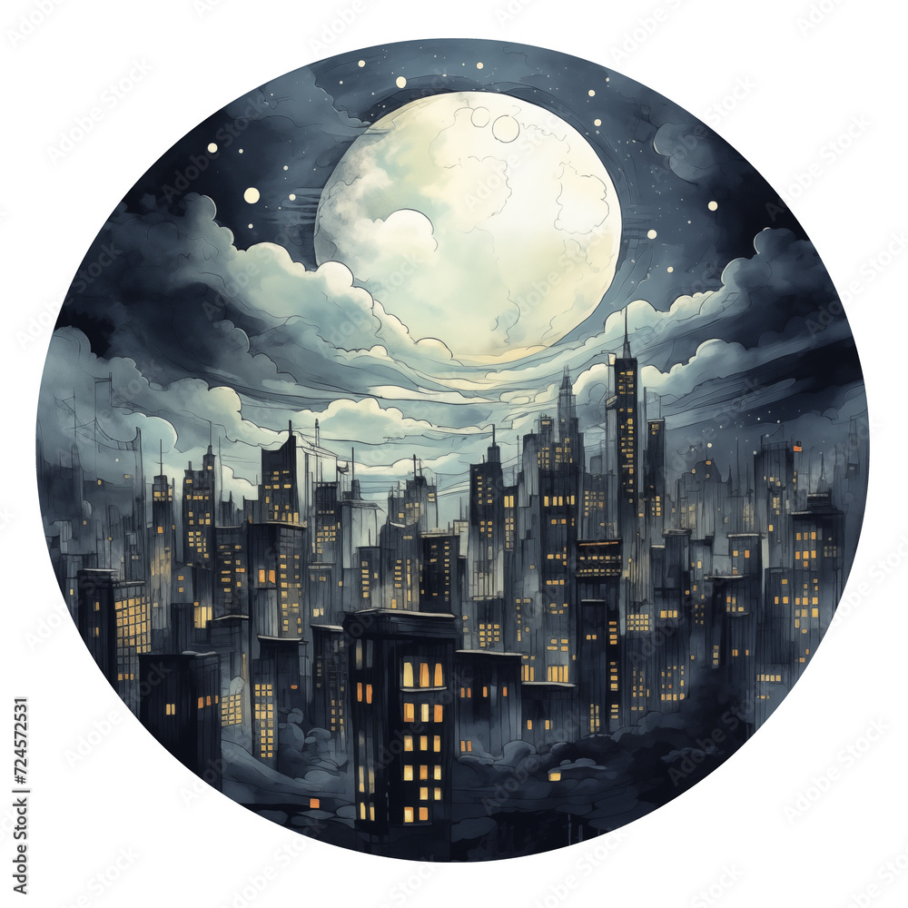 Big full moon over the city skyline at night watercolor illustration ...