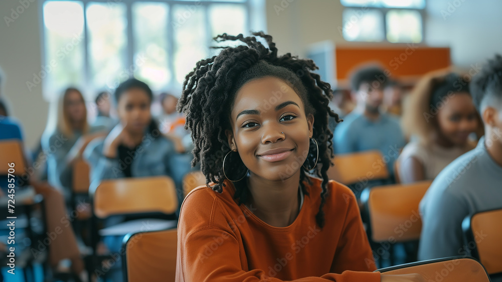 Happy black women university student attending lecture in classroom and ...