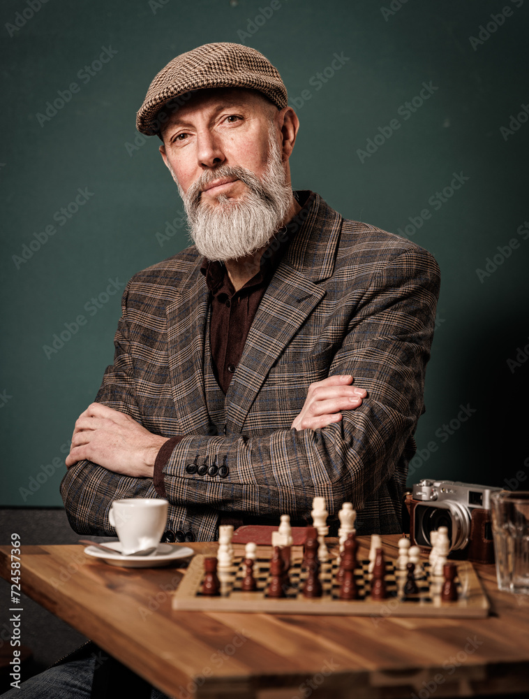 Portrait d'un homme quinqua hipster assis à une table avec un appareil ...