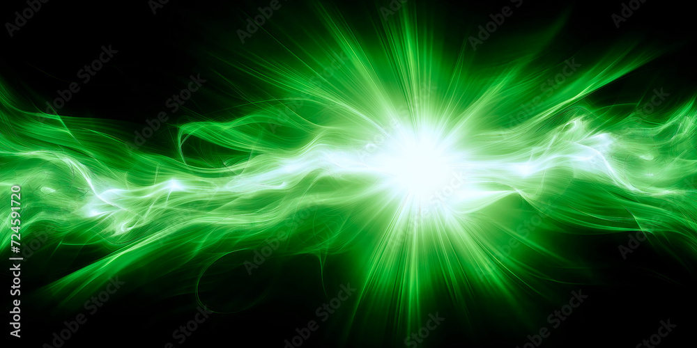 Banner with an abstract green glowing light, from the center of which a ...