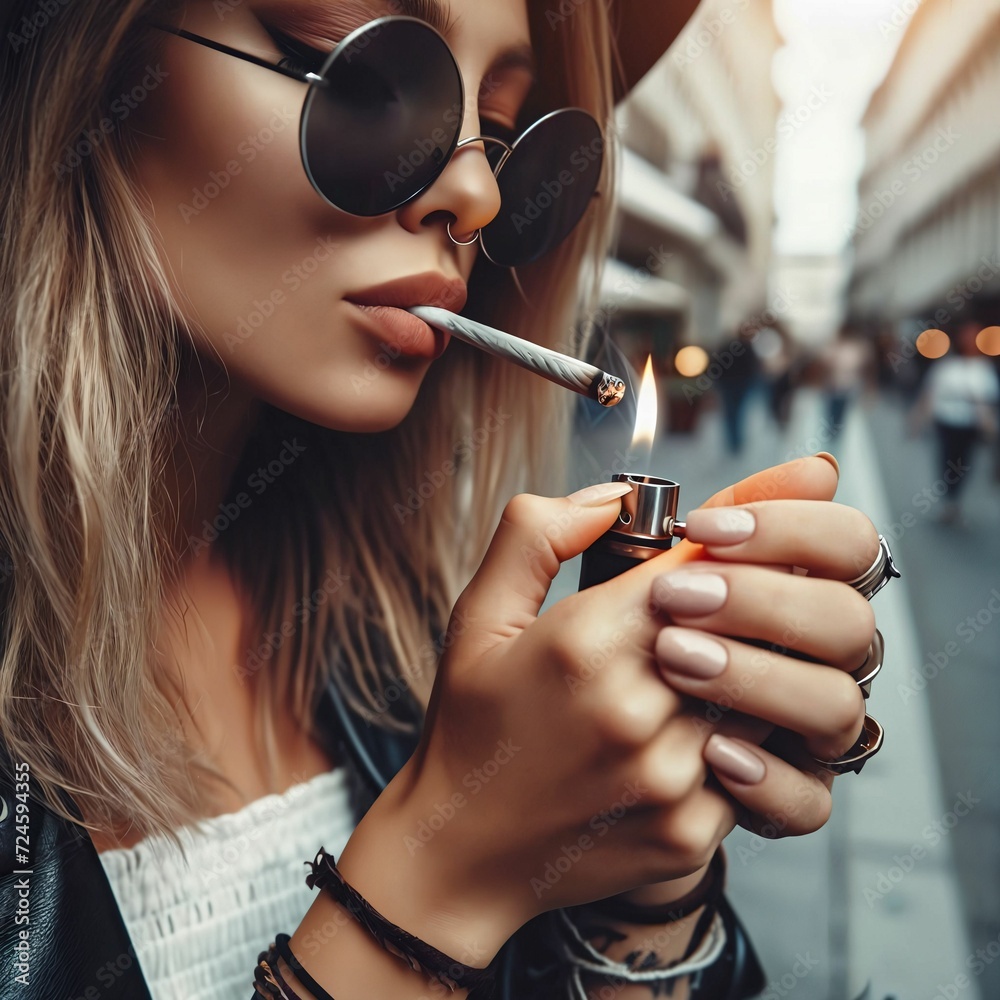 Woman in the streets smoking cannabis weed in public. Marijuana ganja ...