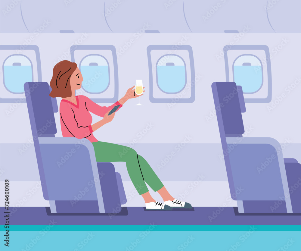 Cartoon Color Character Girl and Airplane First Class Concept Flat ...