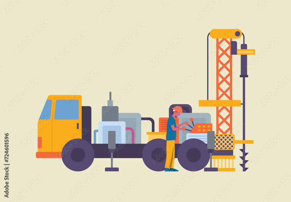 Cartoon Color Character Men Controlling Well Drilling Machine Equipment ...
