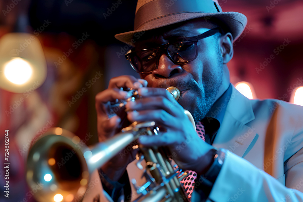 Trumpeter performing in a bleus club at a jazz night, close-up. Jazz ...