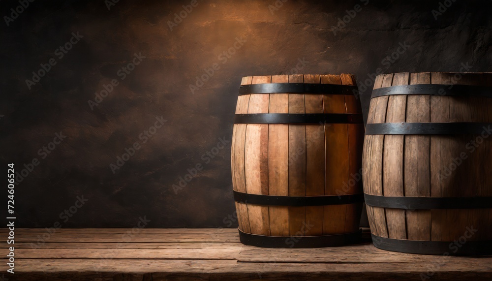 rustic barrels for beverage in a dark wine cellar wooden empty surfaces ...
